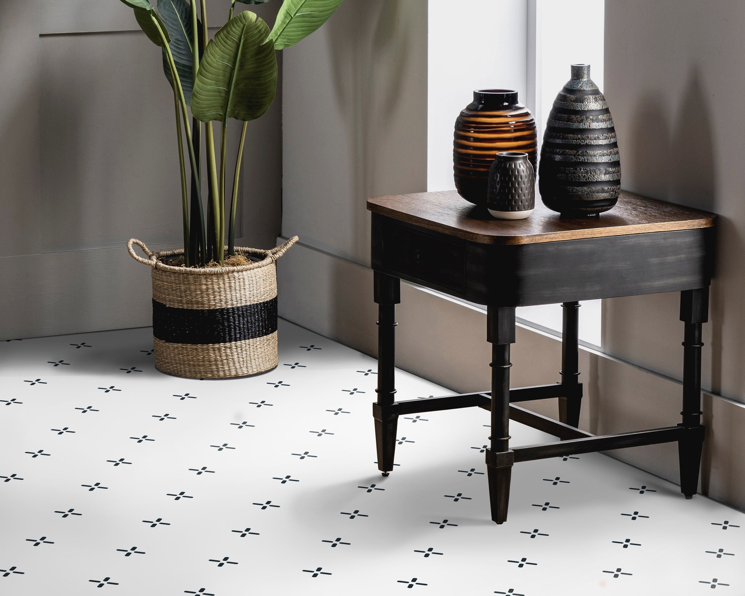 Minimalist Hash Template Vinyl Flooring, White Retro Floor Cover, Black ...