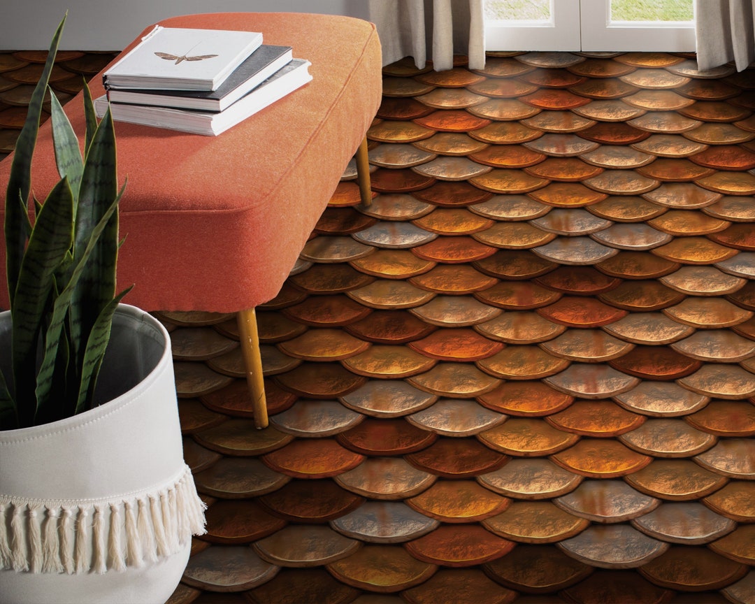 Amber Fish Scale Shapes Vinyl Flooring, Orange Linoleum in Roll, Copper ...