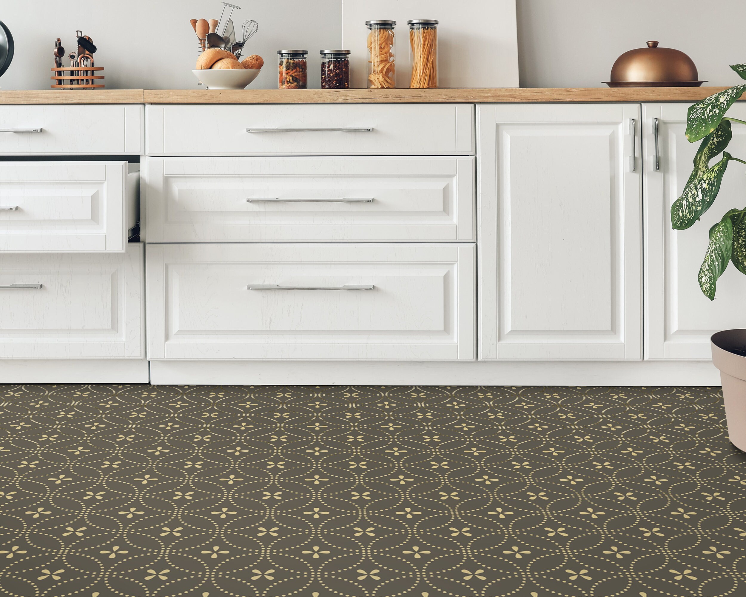 Victorian Rings Outline Vinyl Flooring, Brown Retro Floor Art, Yellow ...