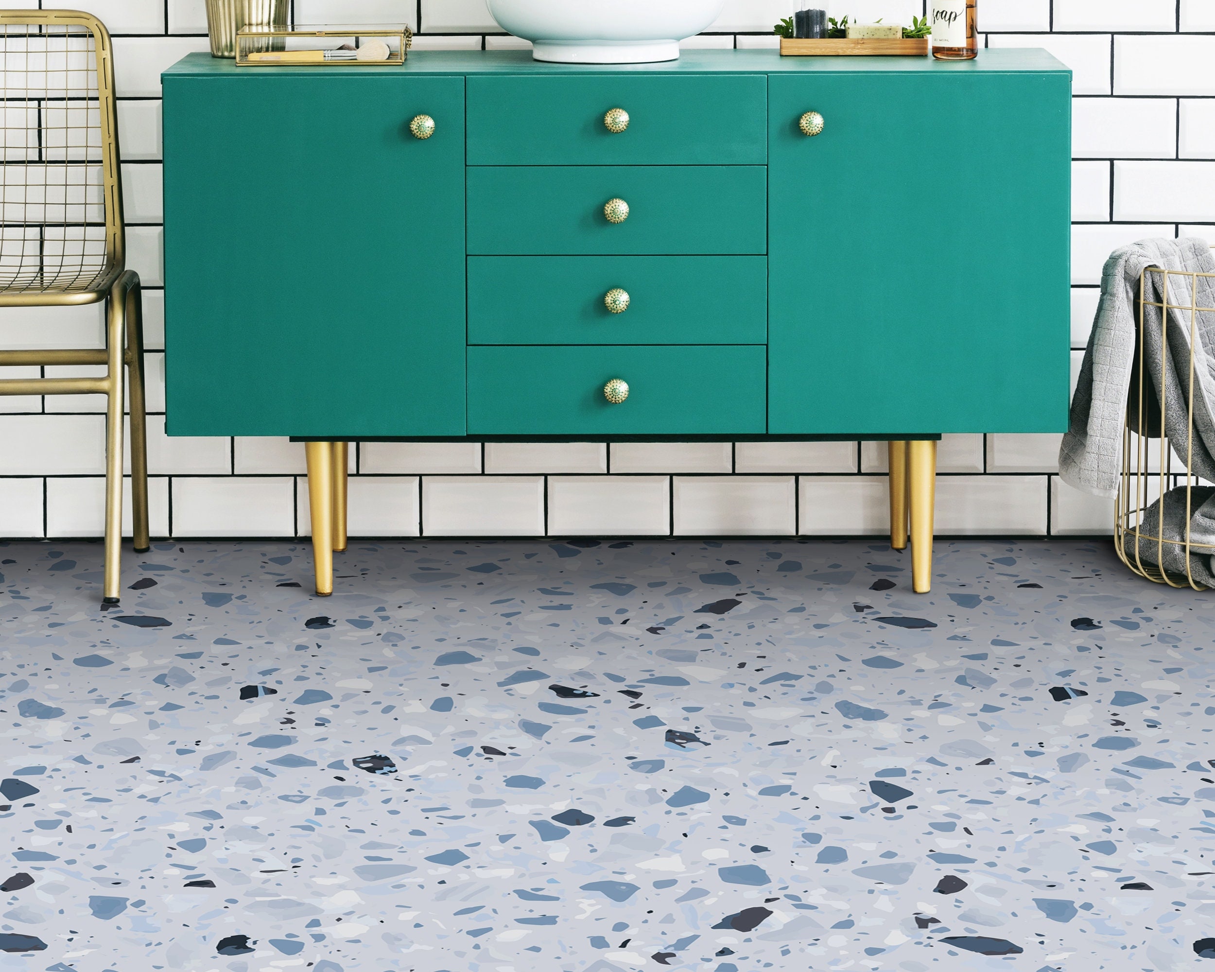 Stone Terrazzo Boho Pattern Vinyl Flooring, Blue Luxury Flooring, White ...
