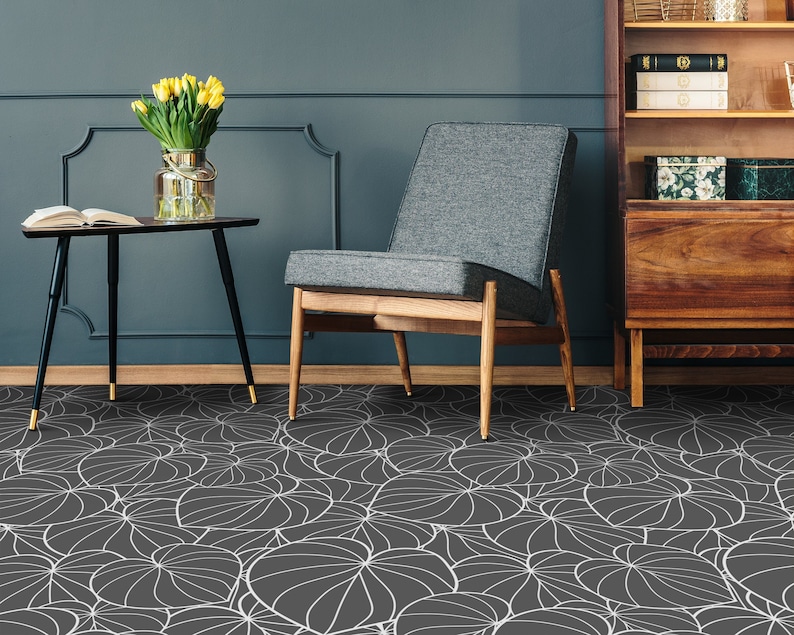 Lineart Tropical Leaves Vinyl Flooring, Gray Decorative Flooring, White ...