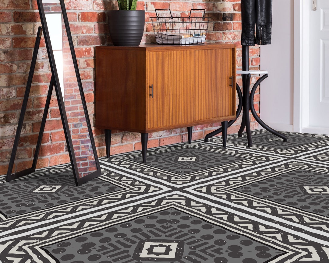 Aztec Tile Handicraft Vinyl Flooring, Brown Non Toxic Print, White ...