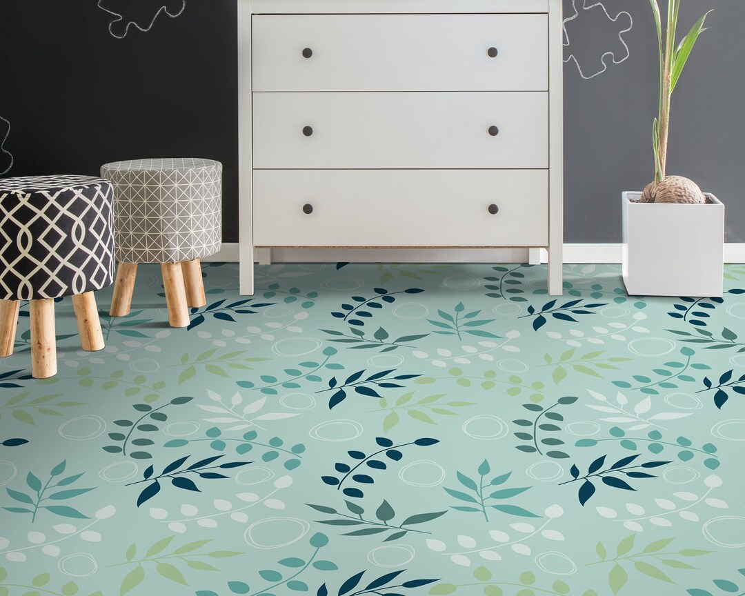 Boho Greenish Pattern Vinyl Flooring, Blue Luxury Flooring, Green ...