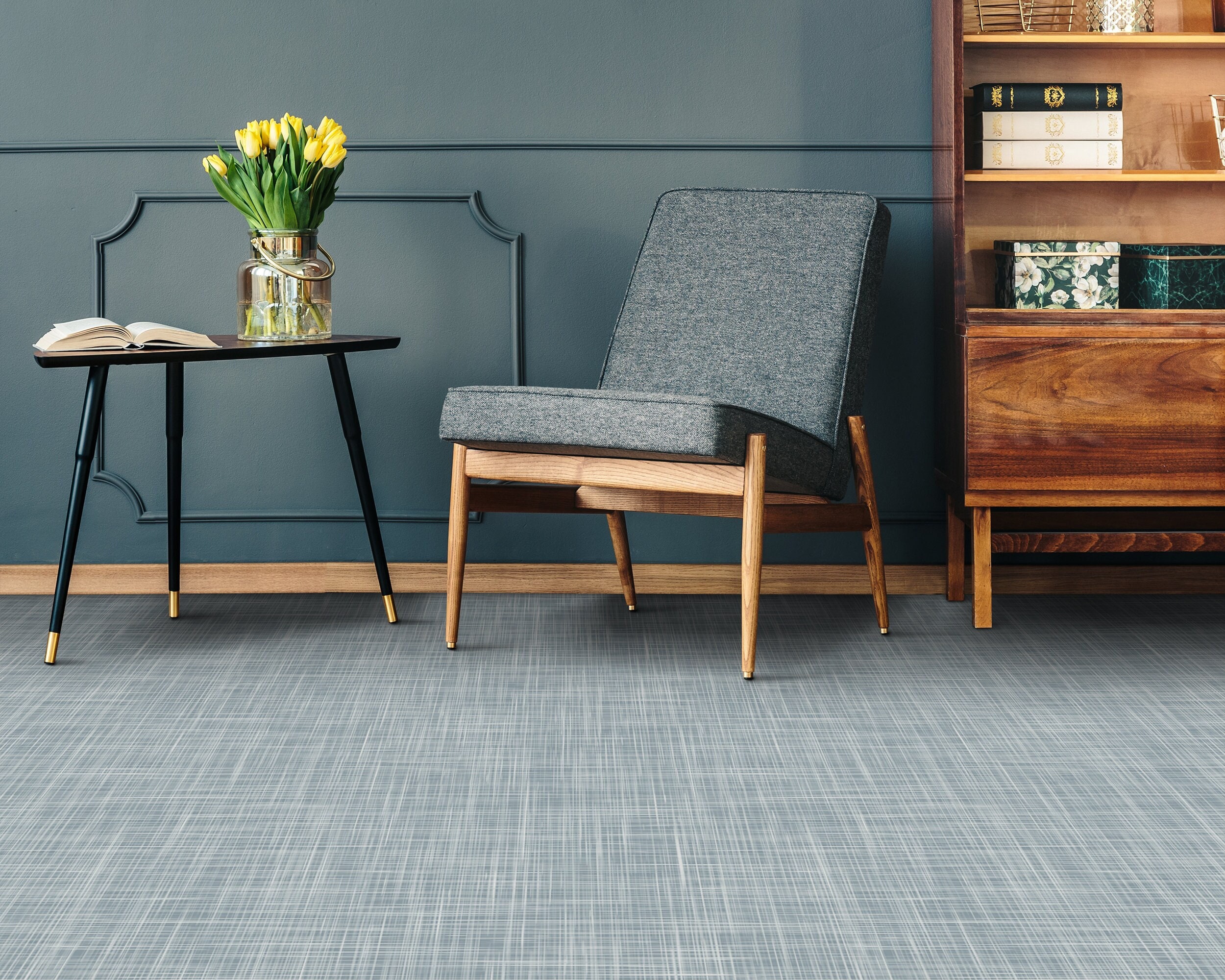 Linen Texture Vinyl Flooring, Blue Sheet Vinyl Flooring, White Retro ...