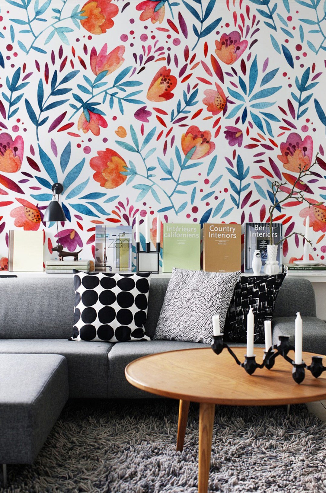 Retro Poppy Wallpaper - Removable, Floral Wall Decor, Flowers Art ...