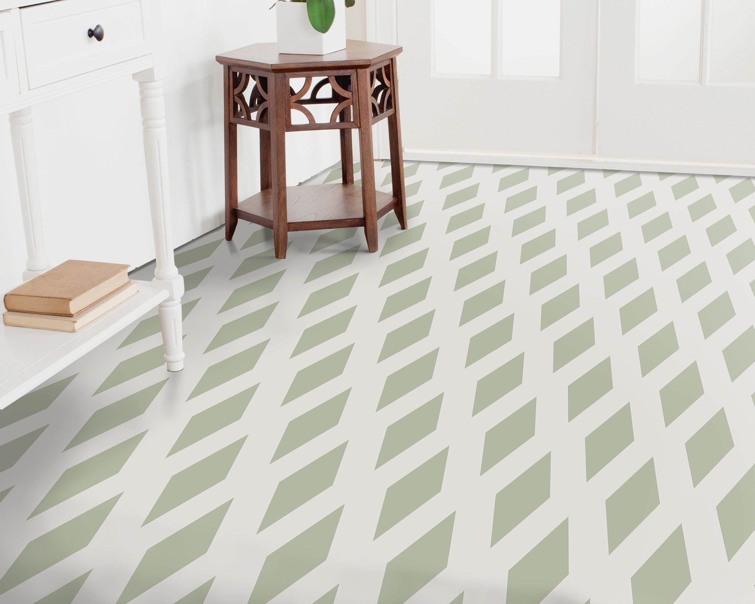 Retro Rhombi Vinyl Flooring, Green Linoleum in Roll, White Luxury ...