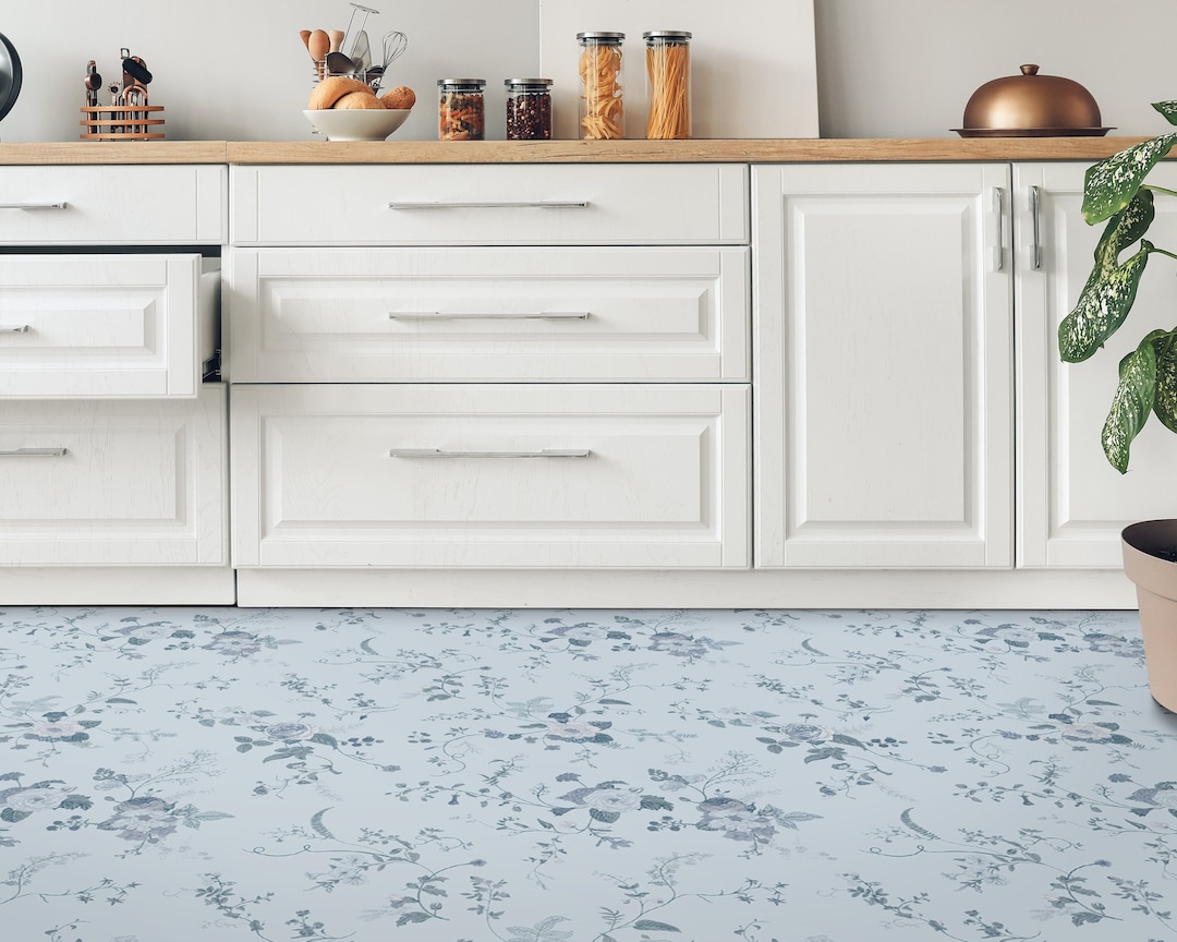 Retro Watery Pattern Flowers Vinyl Flooring, Blue Luxury Flooring, Gray ...