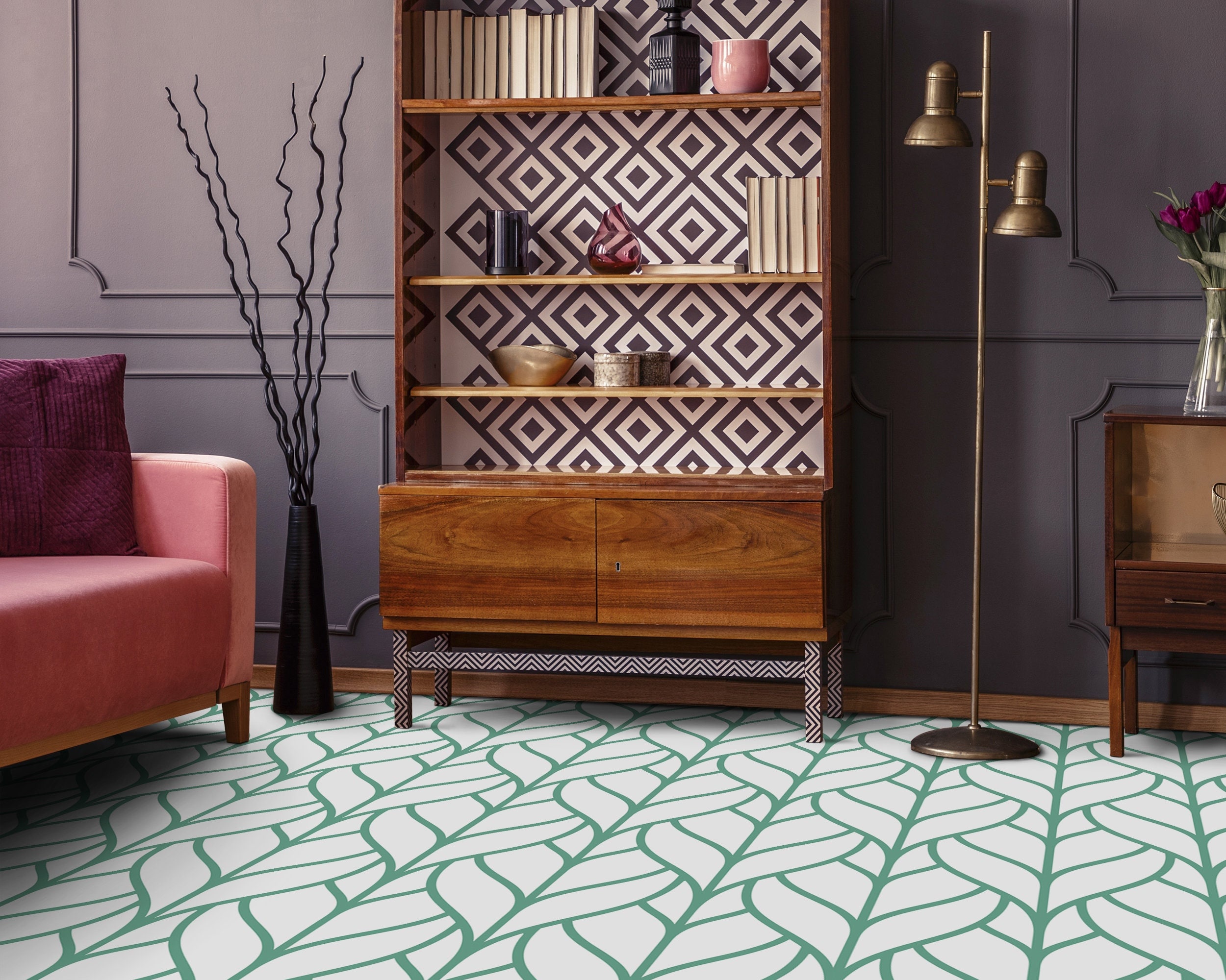 Scandinavian Lineart Vinyl Flooring, Green Comfort Flooring, White ...