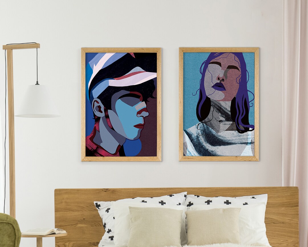 Set of 2 Posters, Blue Portraits Poster, Blue Print, Purple Wall Art ...