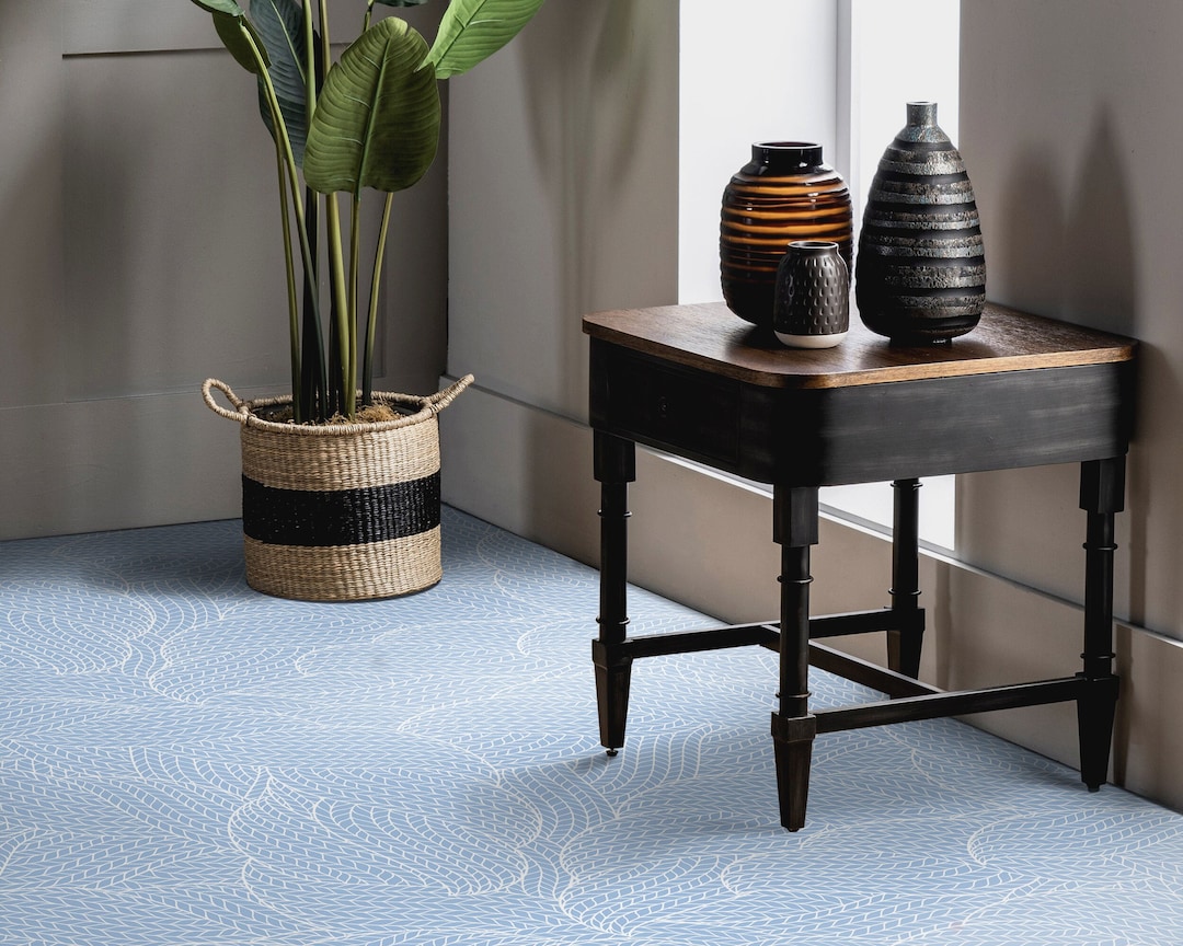 Leafy Herringbone Print Vinyl Flooring, Blue Sheet Vinyl Flooring ...