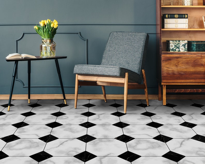 Marble Tiles Classical Vinyl Flooring, Black Comfort Flooring, White ...