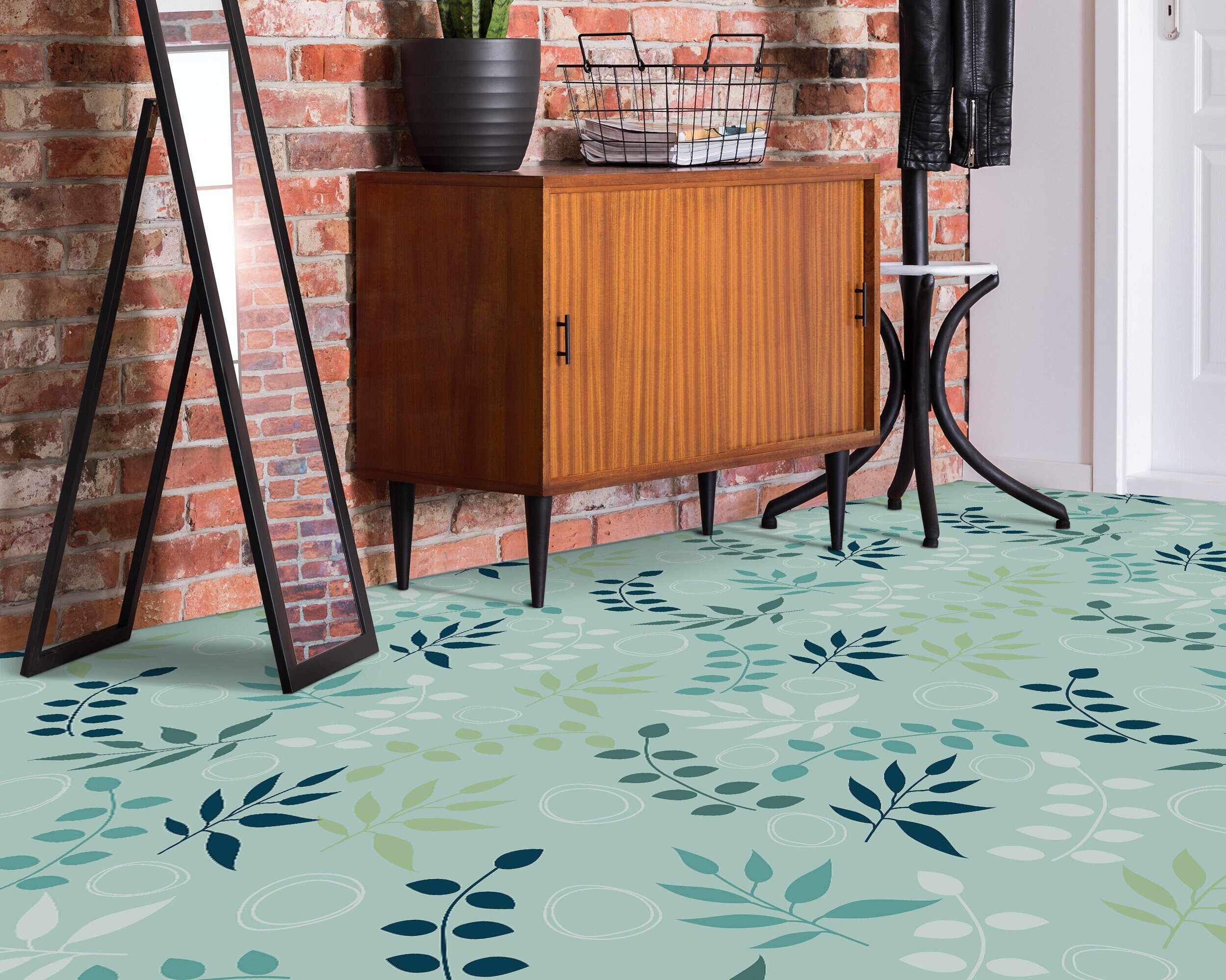 Boho Greenish Pattern Vinyl Flooring, Blue Luxury Flooring, Green ...