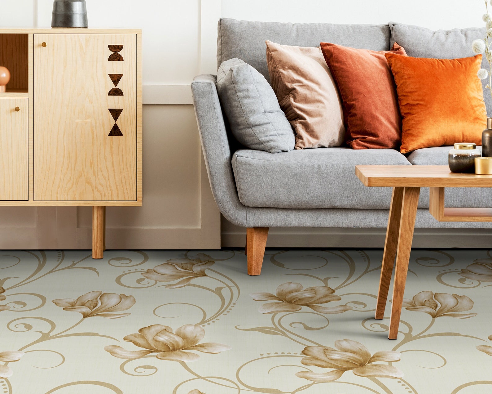 Elegant Garden Flowers Vinyl Flooring, Beige Retro Floor Art, Yellow ...