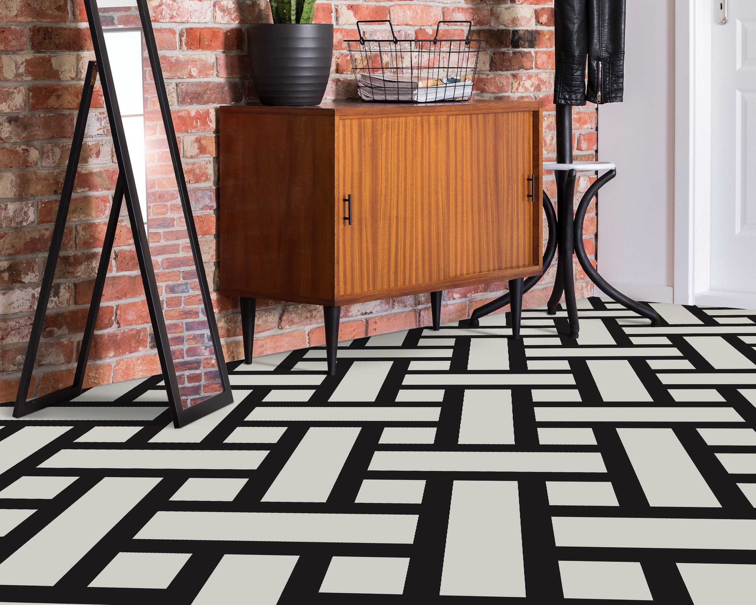 Brick Bauhaus Simple Vinyl Flooring, Black Sheet Vinyl Flooring, White ...
