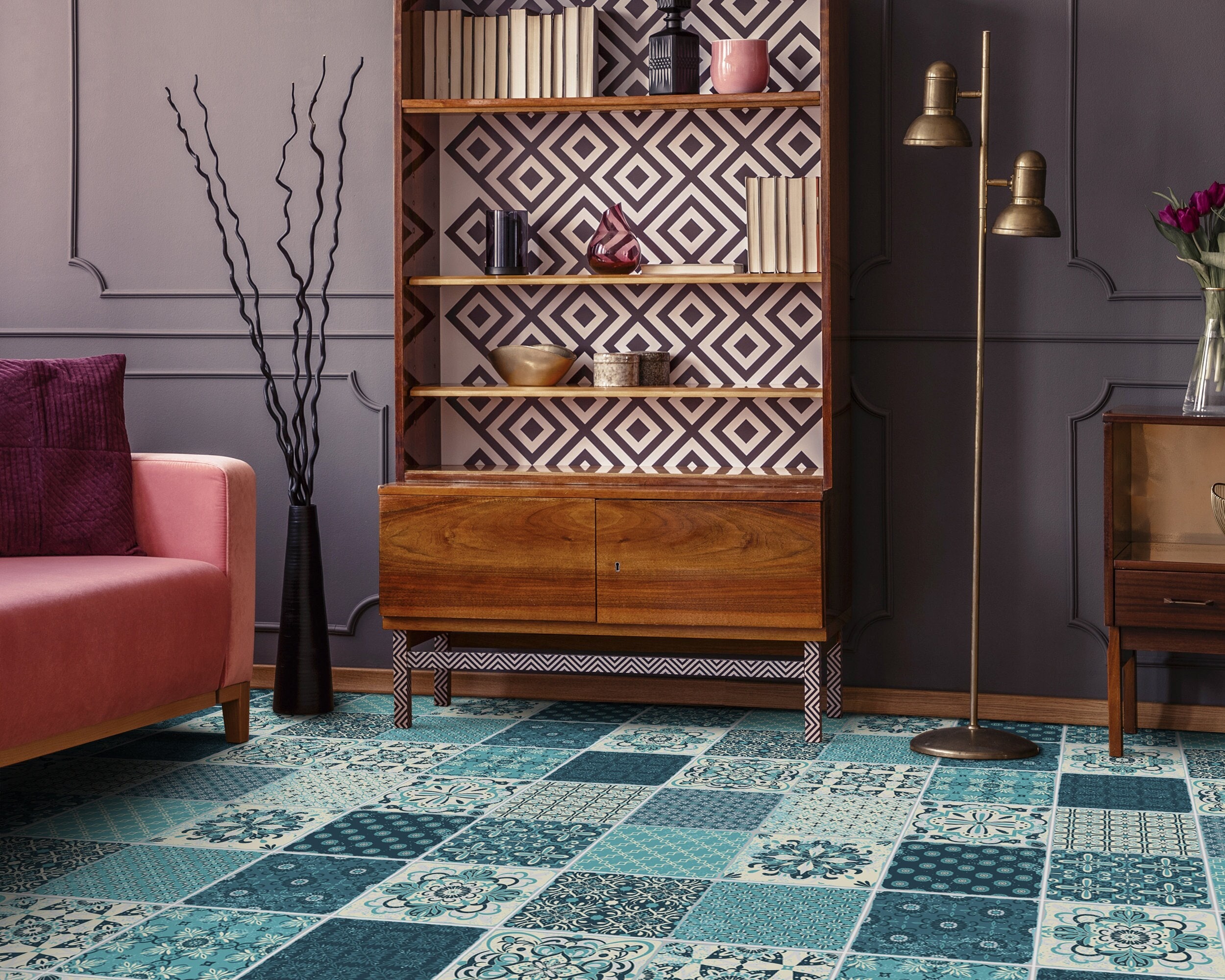 Portugal Classic Taco Tiles Vinyl Flooring, Blue Art Floor, White Baby ...
