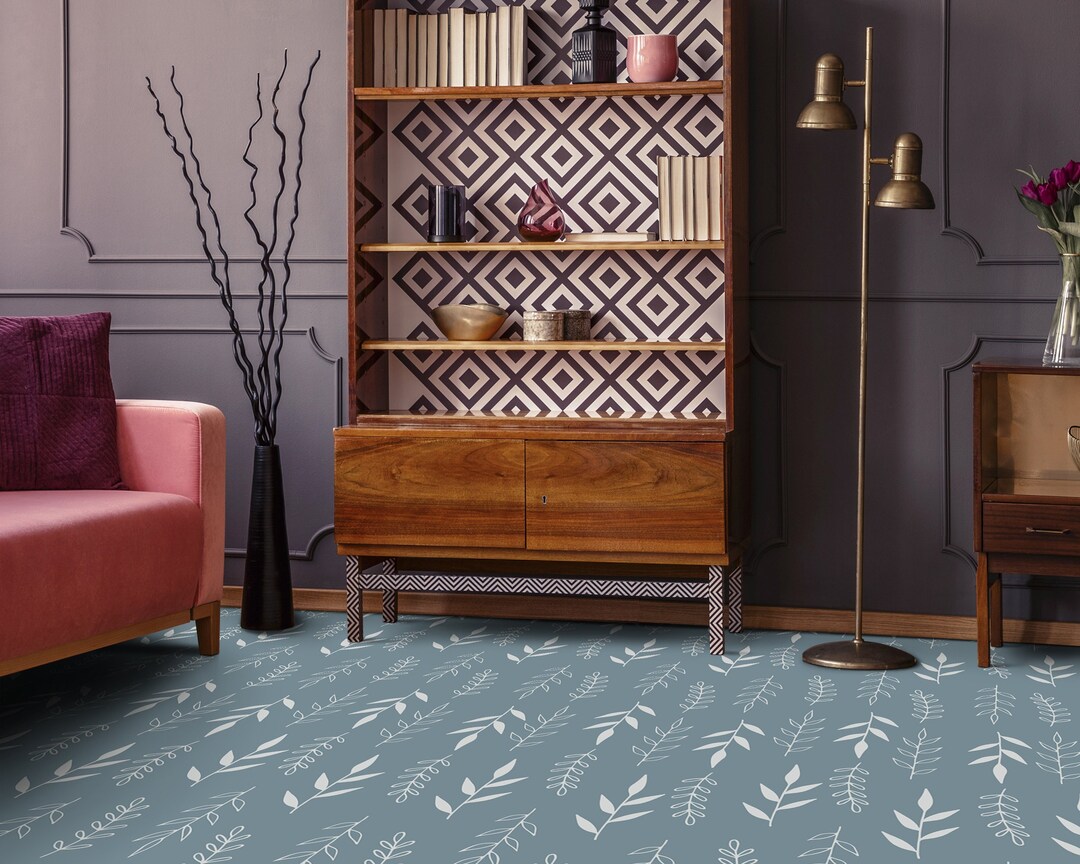 Outline Simple Leafy Flat Pattern Vinyl Flooring, Blue Sheet Vinyl ...