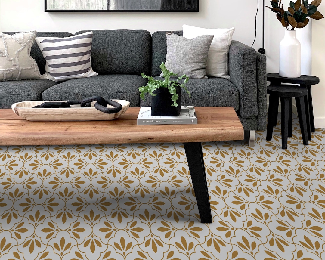 Golden Imitation Ornament Vinyl Flooring, White Non Toxic Print, Yellow ...