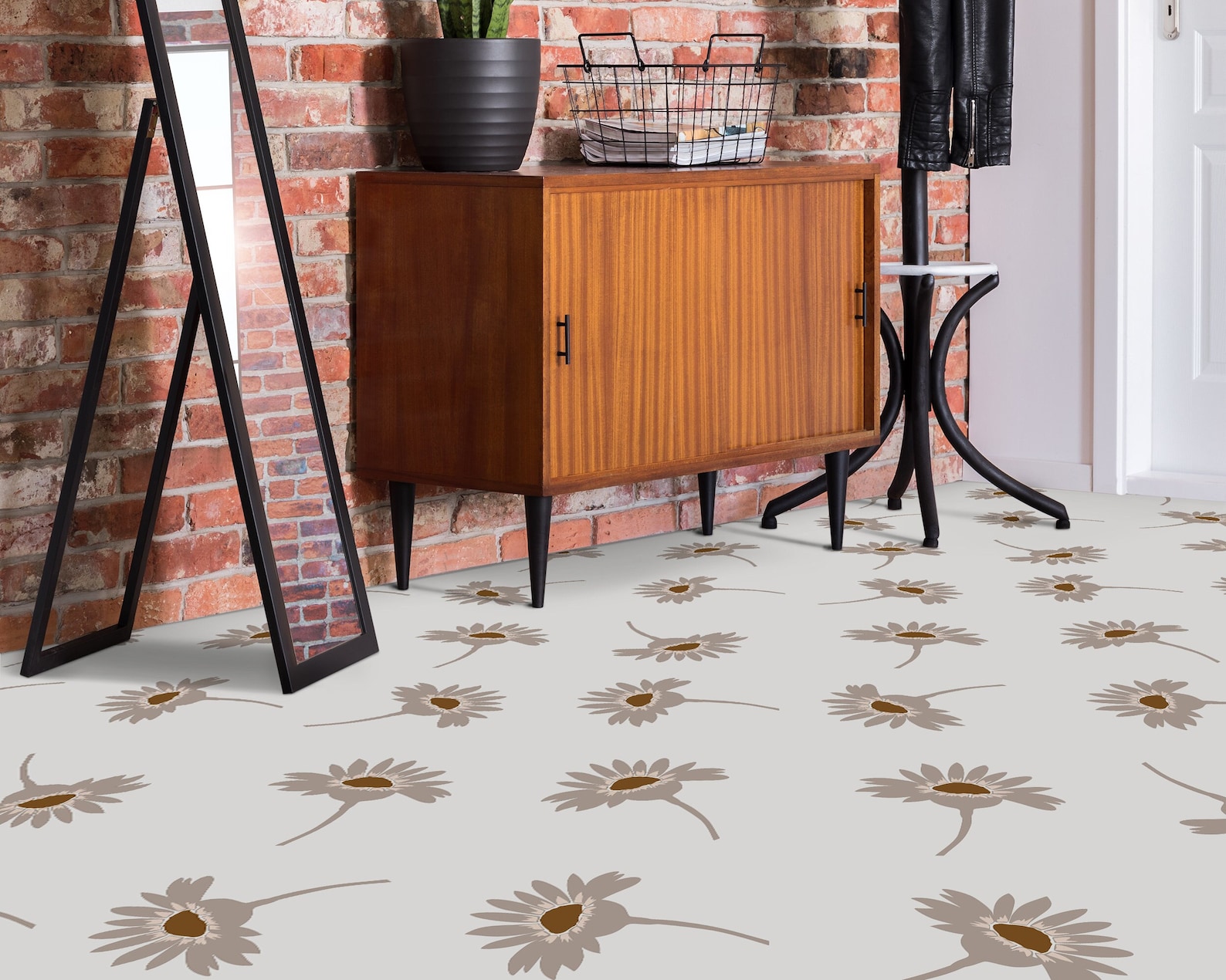 Boho Retro Daisy Print Vinyl Flooring, White Flooring Linoleum, Gray ...