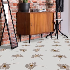 Boho Retro Daisy Print Vinyl Flooring, White Flooring Linoleum, Gray ...