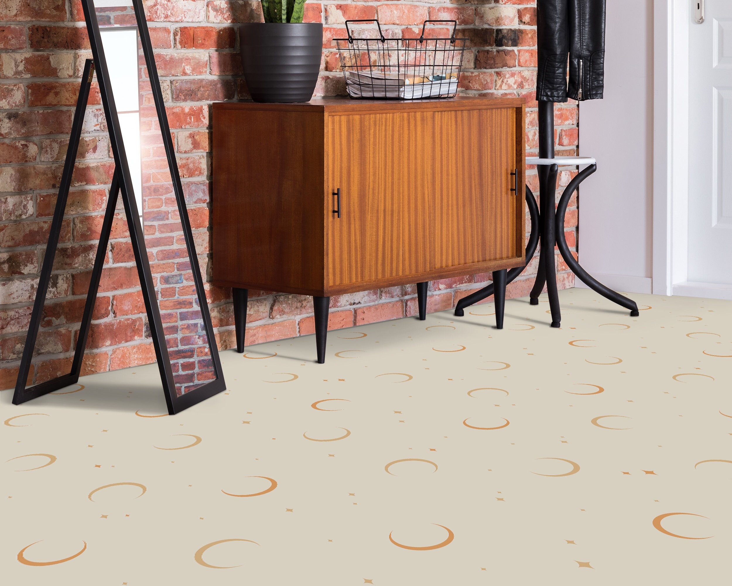 Boho Night Symbol Moon Vinyl Flooring, Beige Linoleum in Roll, Yellow ...