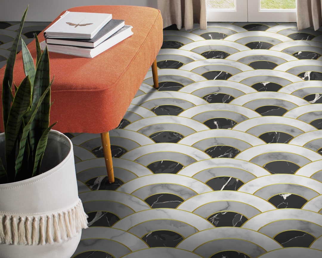Art Deco Marble Rainbows Shapes Vinyl Flooring, Black Flooring Linoleum ...