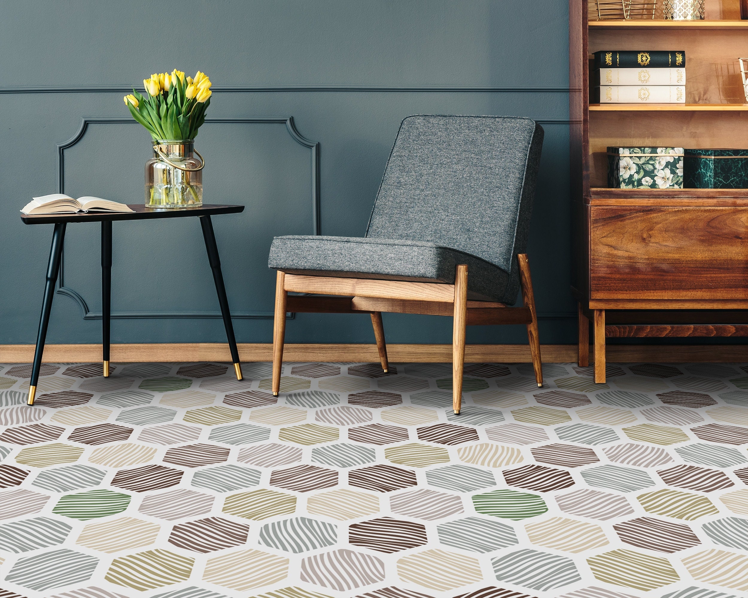 Hexagonal Tiles Zebraic Vinyl Flooring, White Linoleum in Roll, Gray ...