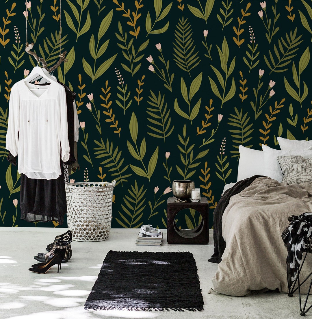 Herbs Dark Floral Wallpaper, Botanical Wallpaper, Removable Wallpaper ...
