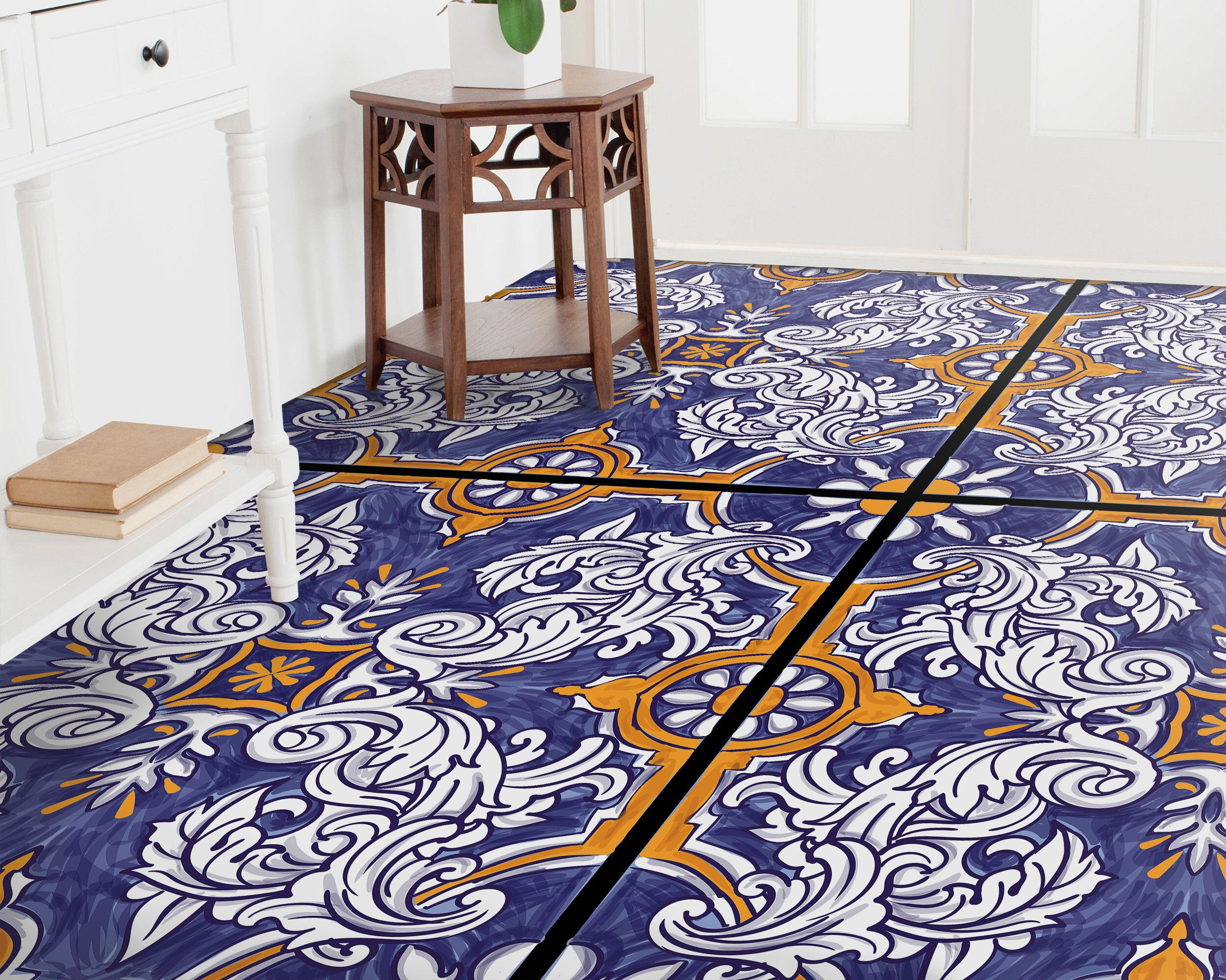 Ornamental Azulejos Tile Vinyl Flooring, Blue Linoleum in Roll, Orange ...