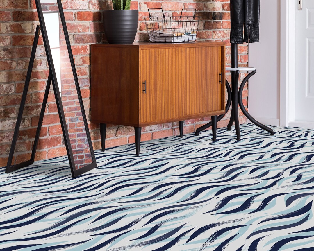 Brush Pencil Waves Vinyl Flooring, White Linoleum in Roll, Blue ...