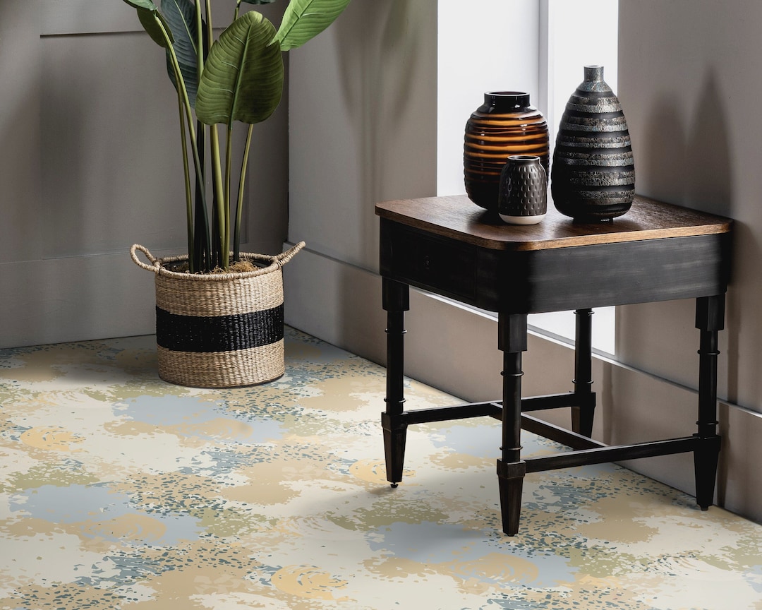 Impressionist Ink Print Vinyl Flooring, Gray Retro Floor Cover, Beige ...