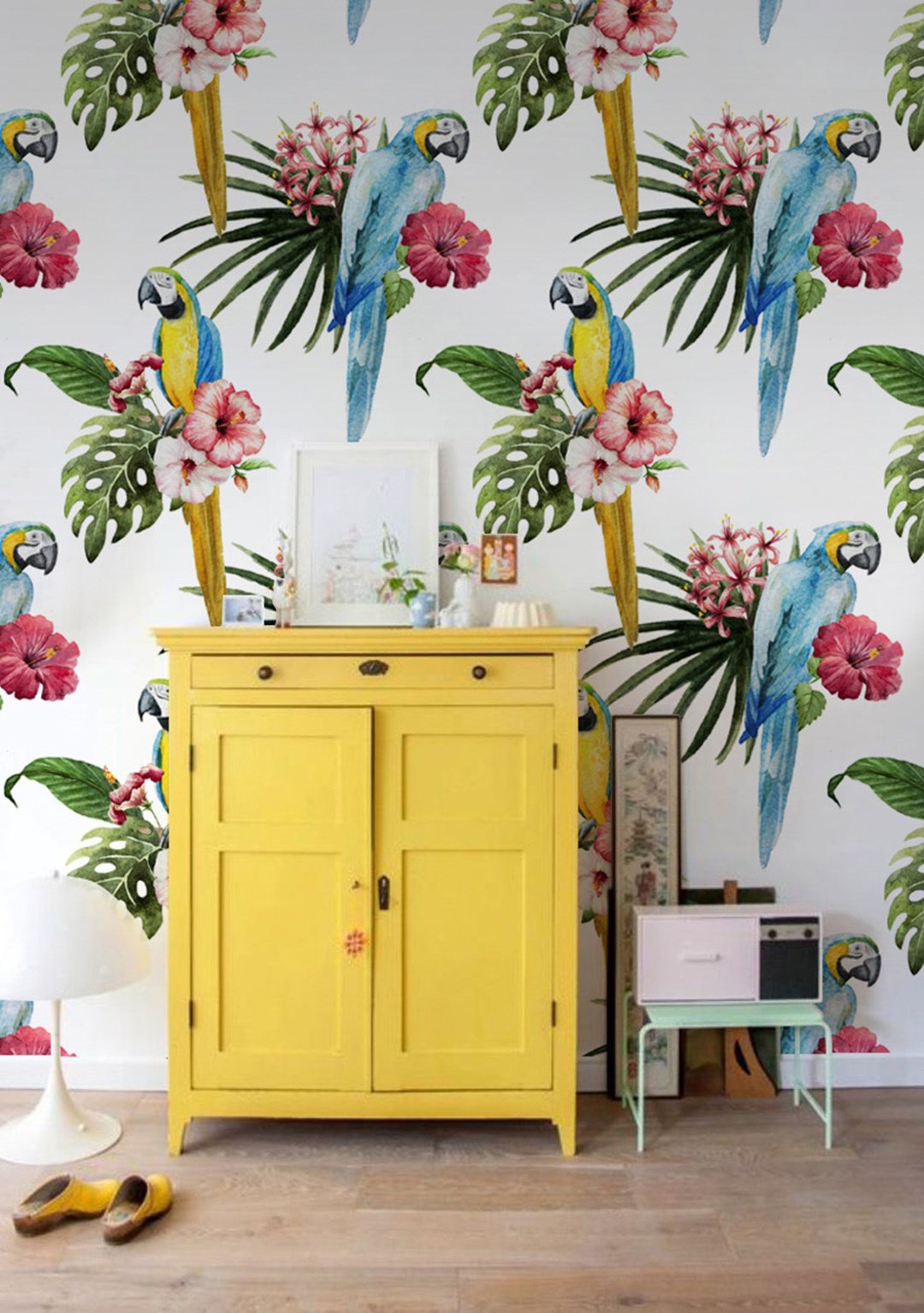 Tropical Watercolor Parrots & Flowers Removable Wallpaper ...