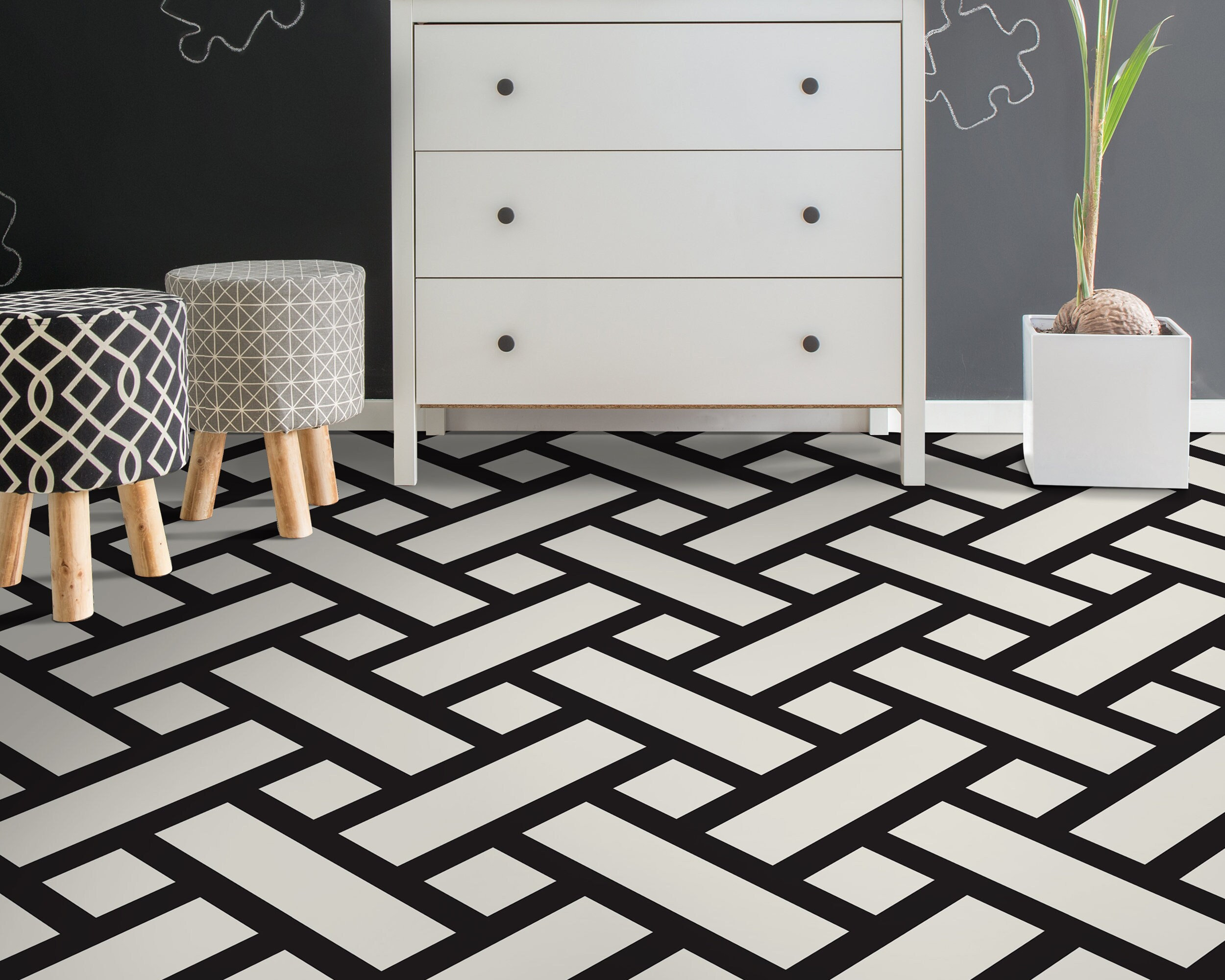 Brick Bauhaus Simple Vinyl Flooring, Black Sheet Vinyl Flooring, White ...