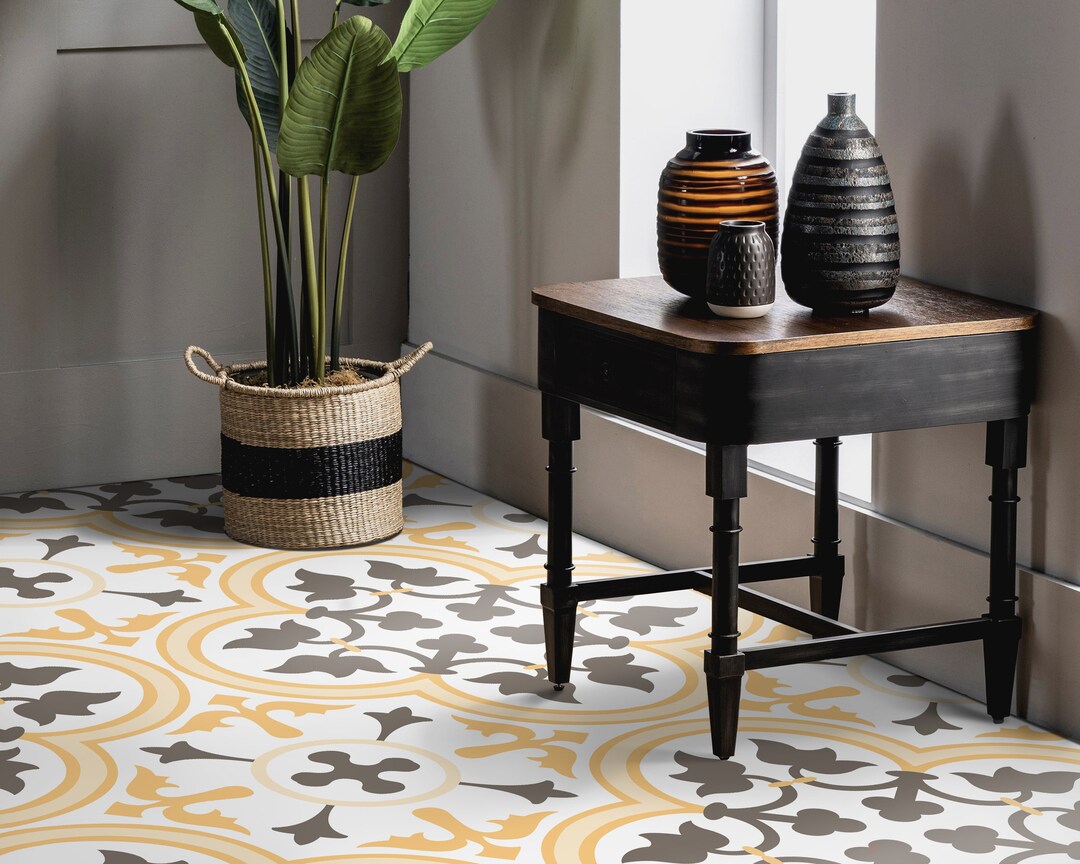 Leafy Tile Motif Vinyl Flooring, White Luxury Flooring, Brown Kitchen ...