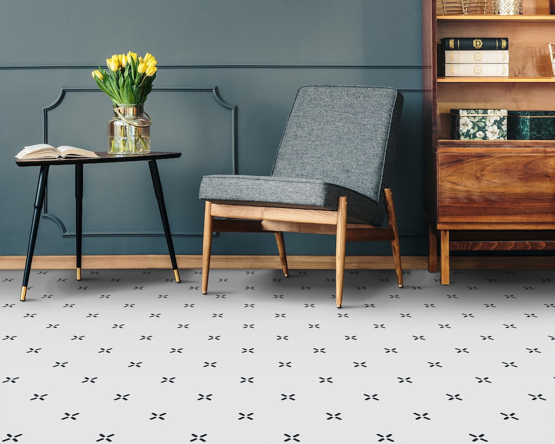 Minimalist Hash Template Vinyl Flooring, White Retro Floor Cover, Black ...