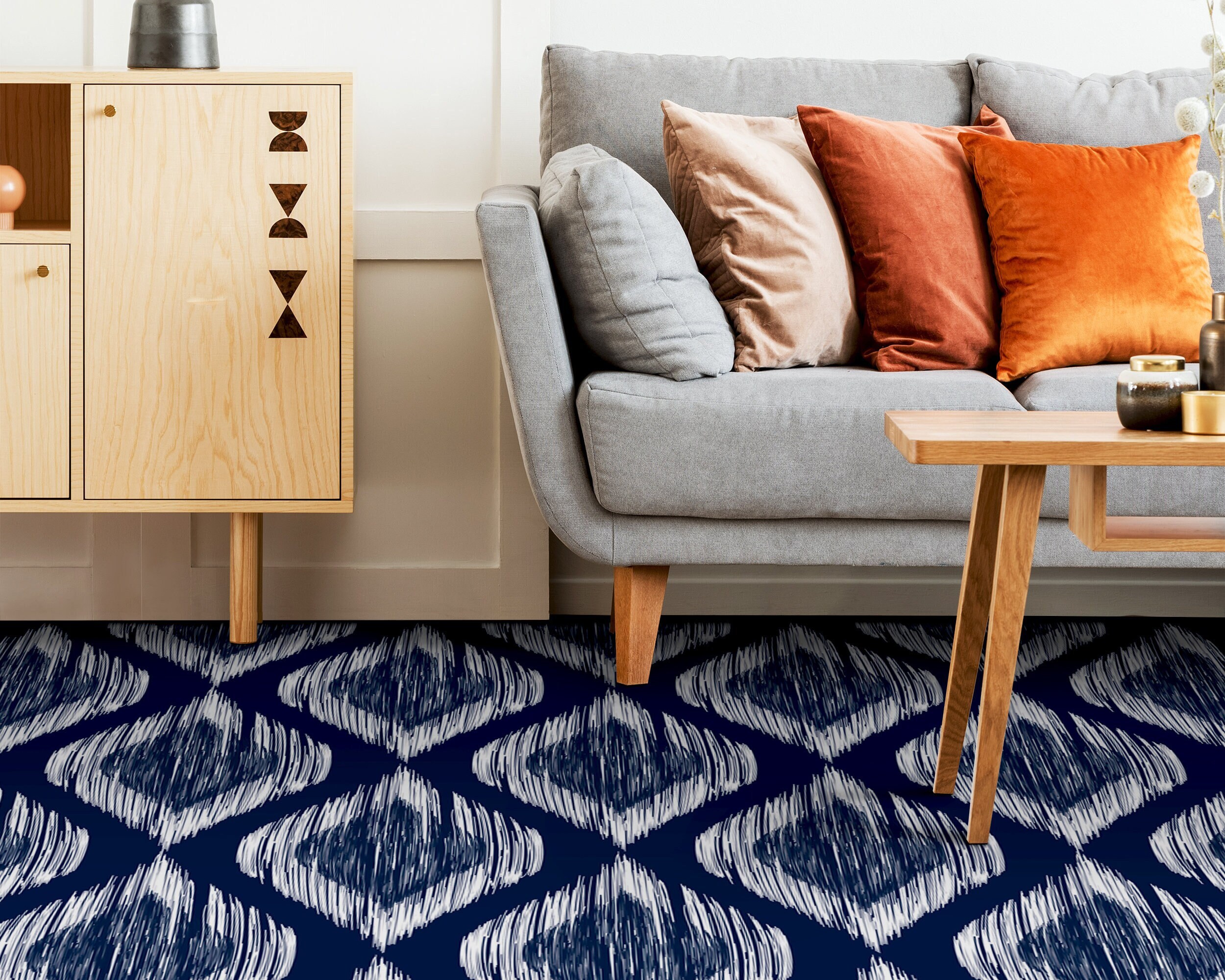 Drawing Rhombi Floor Vinyl Flooring, Blue Linoleum in Roll, White ...