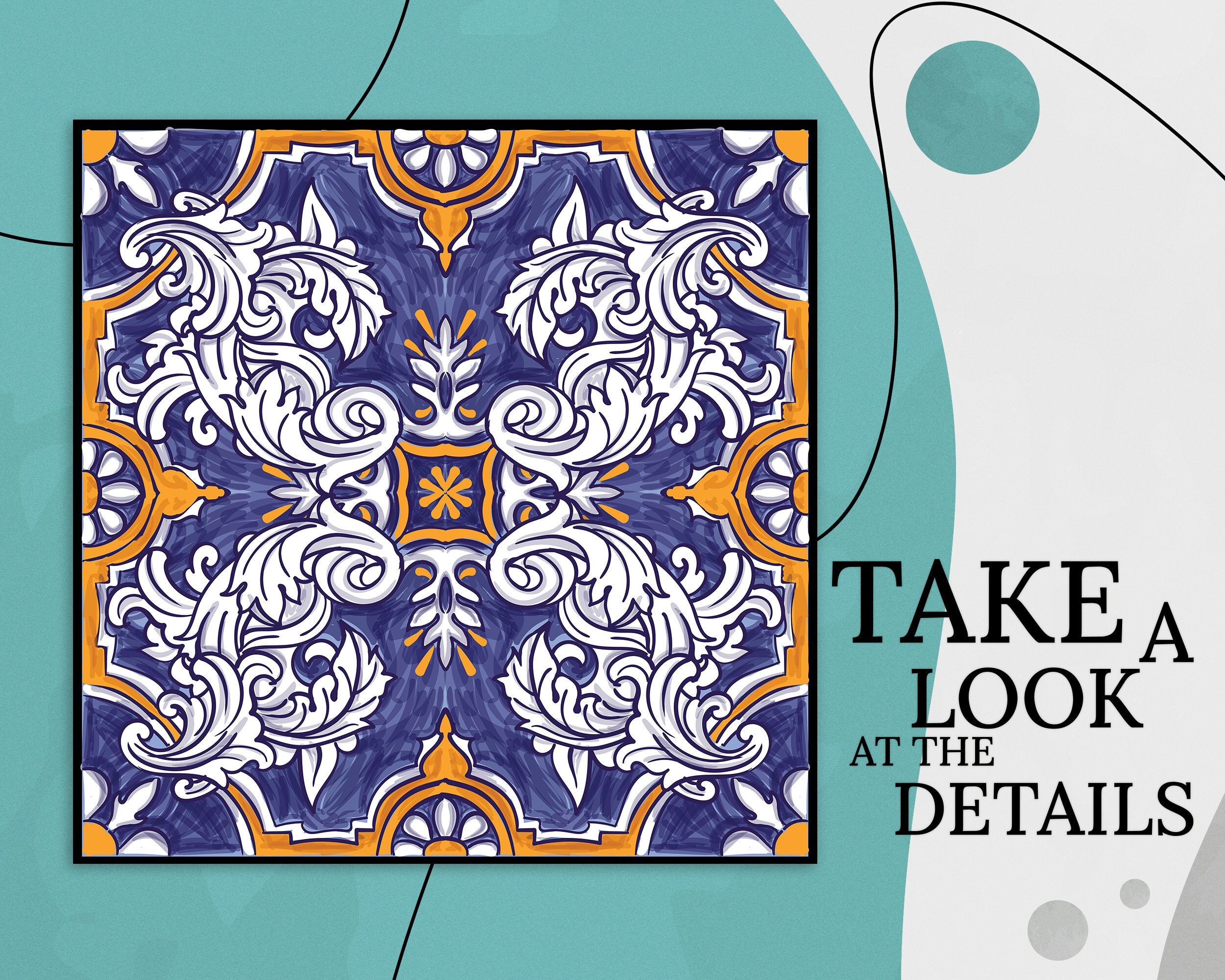 Ornamental Azulejos Tile Vinyl Flooring, Blue Linoleum in Roll, Orange ...