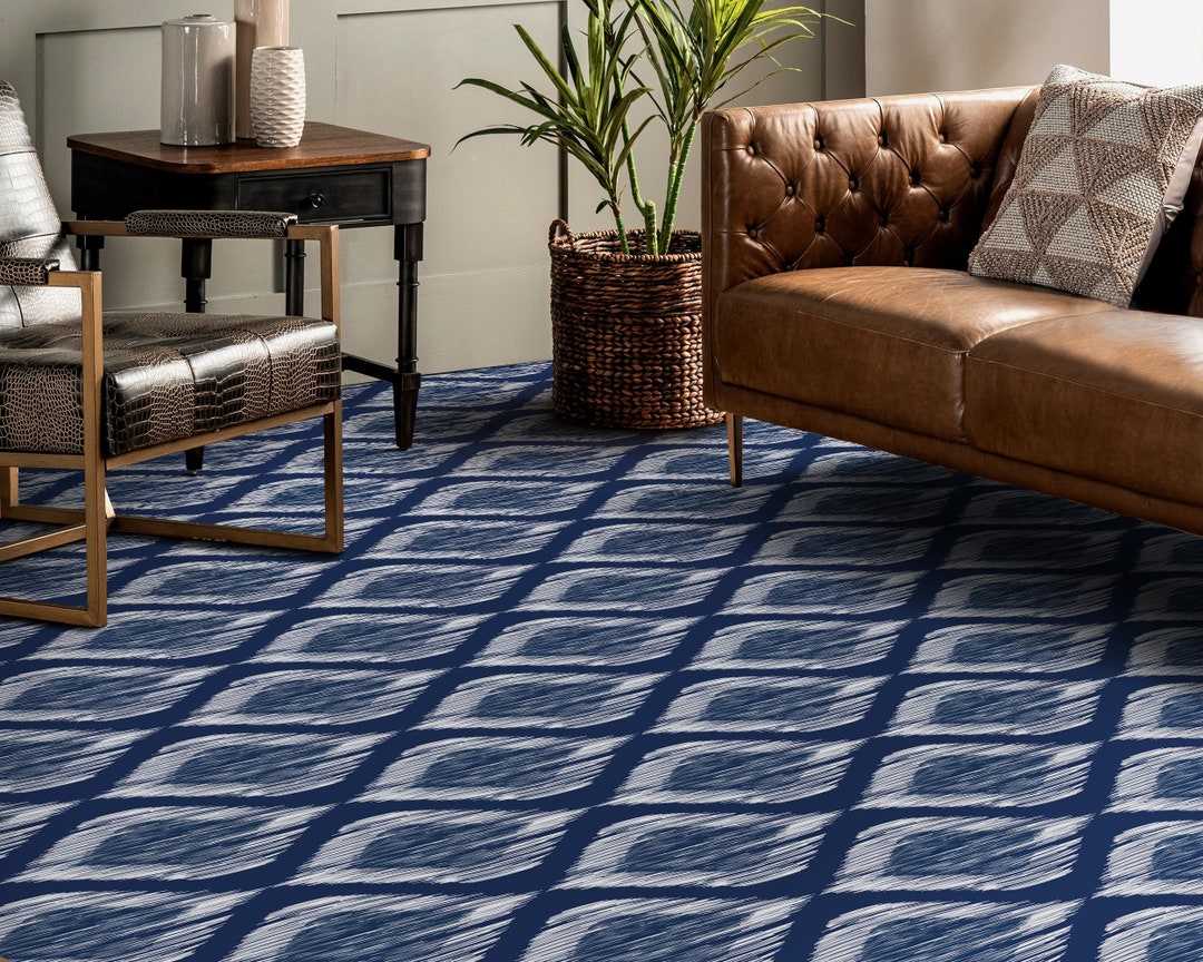 Drawing Rhombi Floor Vinyl Flooring, Blue Linoleum in Roll, White ...