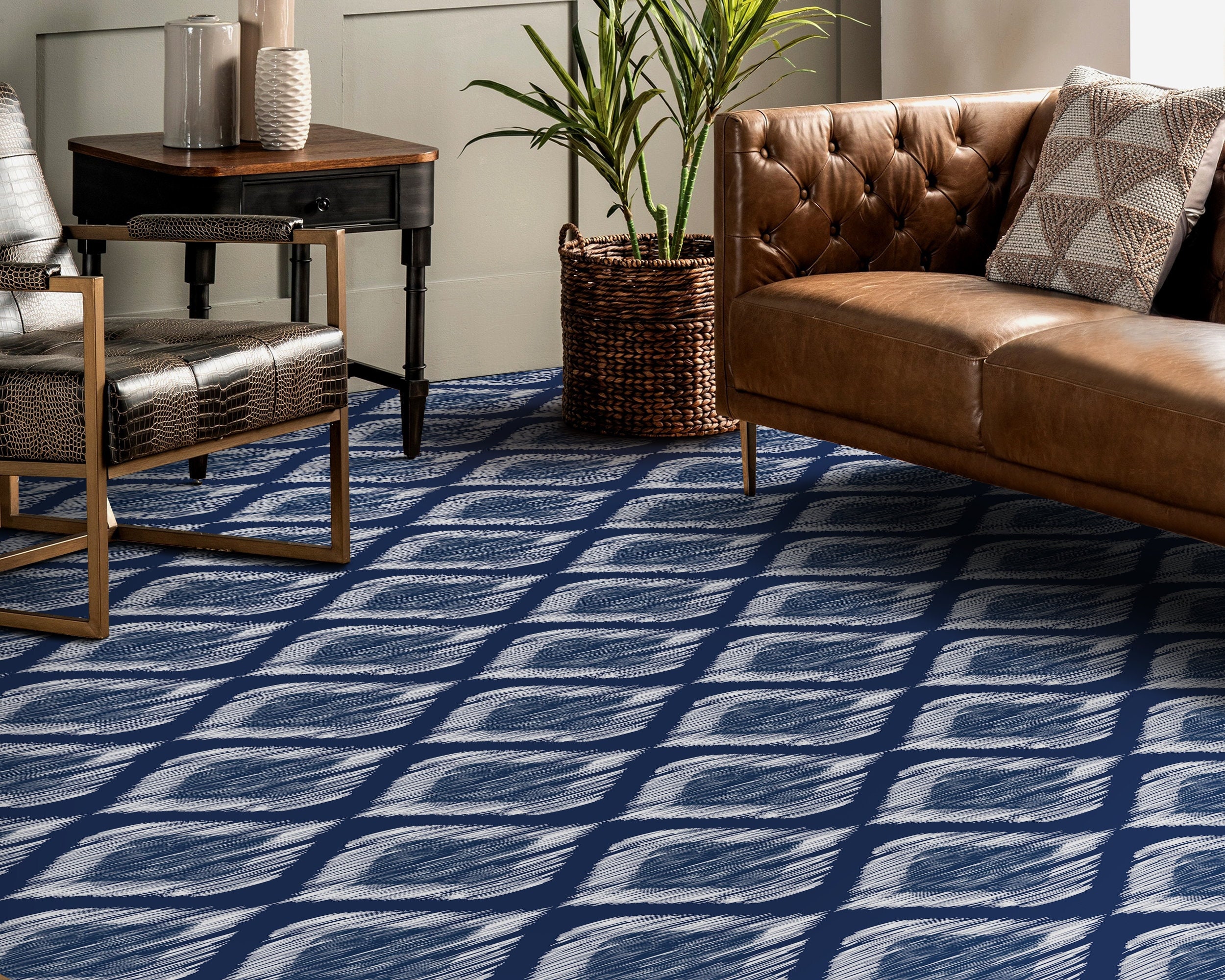 Drawing Rhombi Floor Vinyl Flooring, Blue Linoleum in Roll, White ...