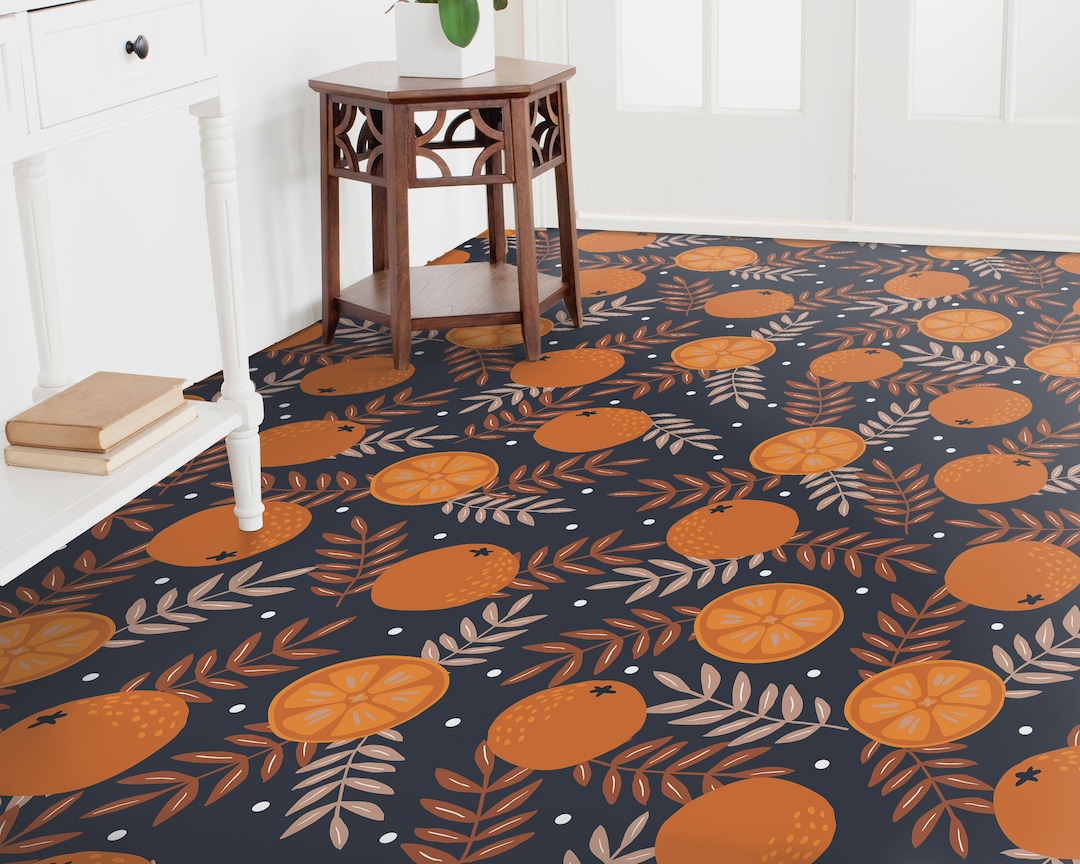 Orange Decorative Motif Vinyl Flooring, Orange Luxury Flooring, Blue ...