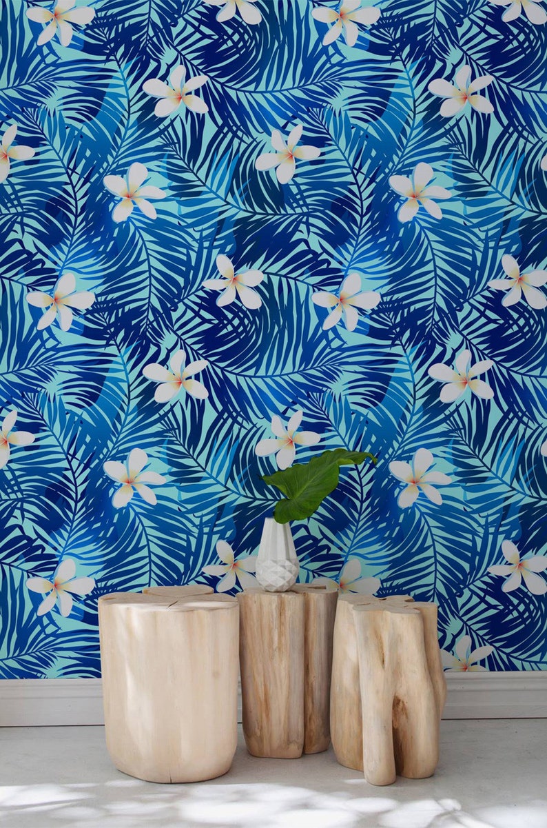 Frangipani Flower, Blue Flowers Removable Wallpaper - Delicate Art Wall ...
