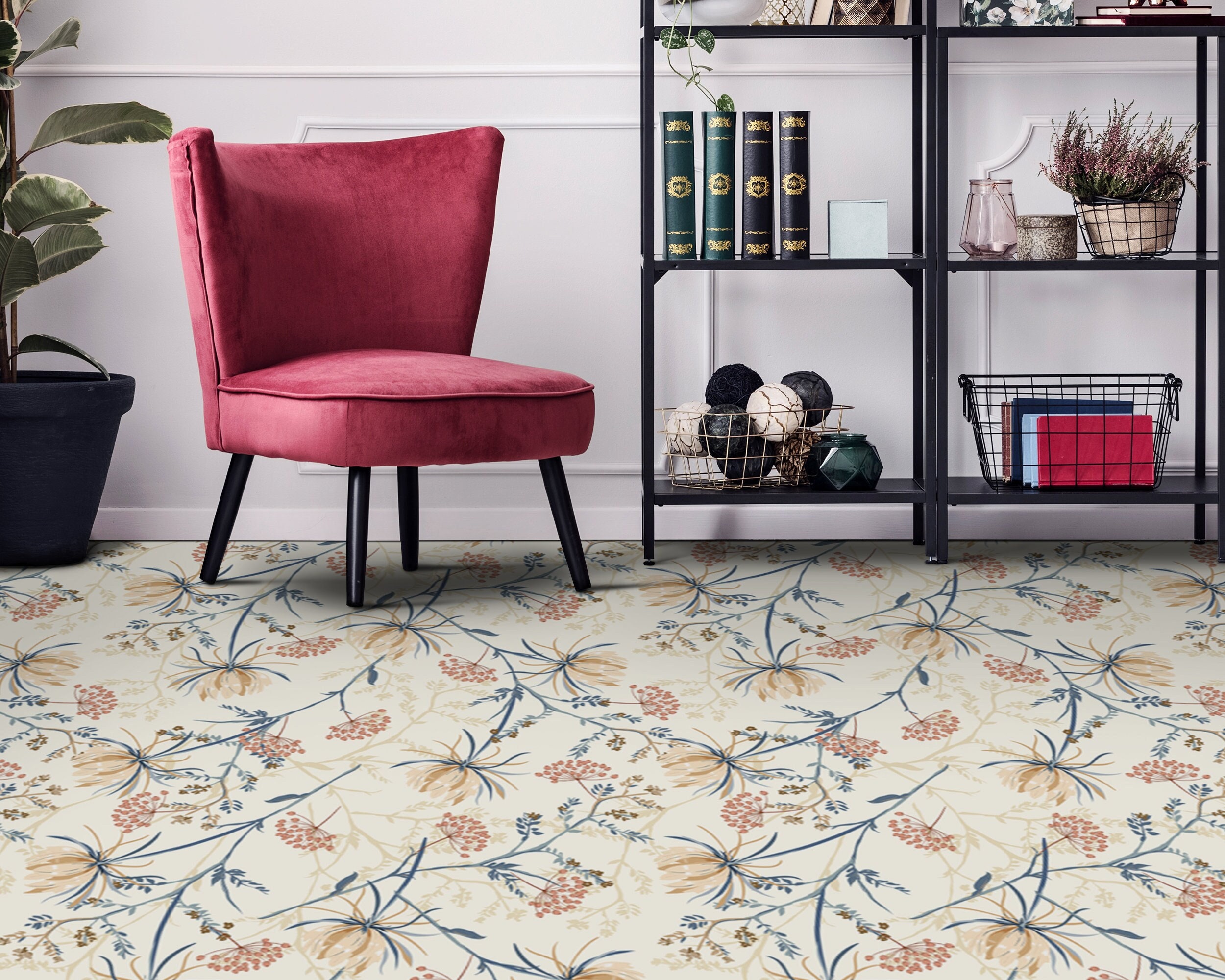 Floral Rustic Meadow Print Vinyl Flooring, Beige Sheet Vinyl Flooring ...
