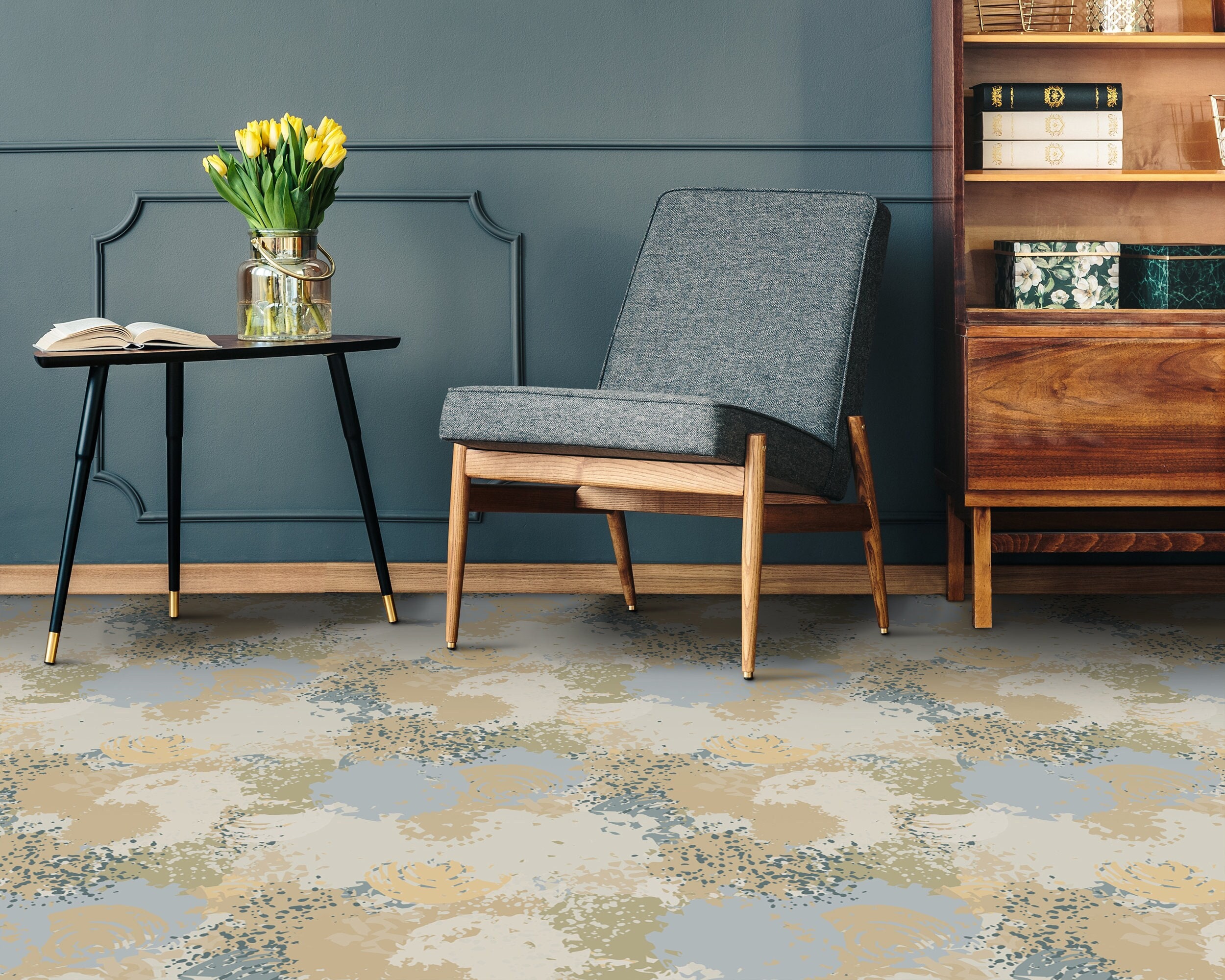 Impressionist Ink Print Vinyl Flooring, Gray Retro Floor Cover, Beige ...