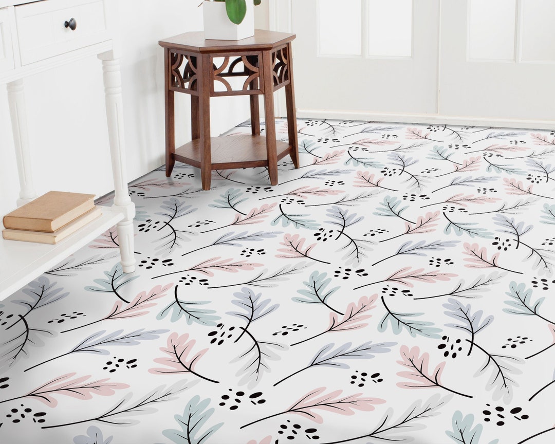 Pastel Autumn Leaves Vinyl Flooring, White Art Floor, Pink Custom ...