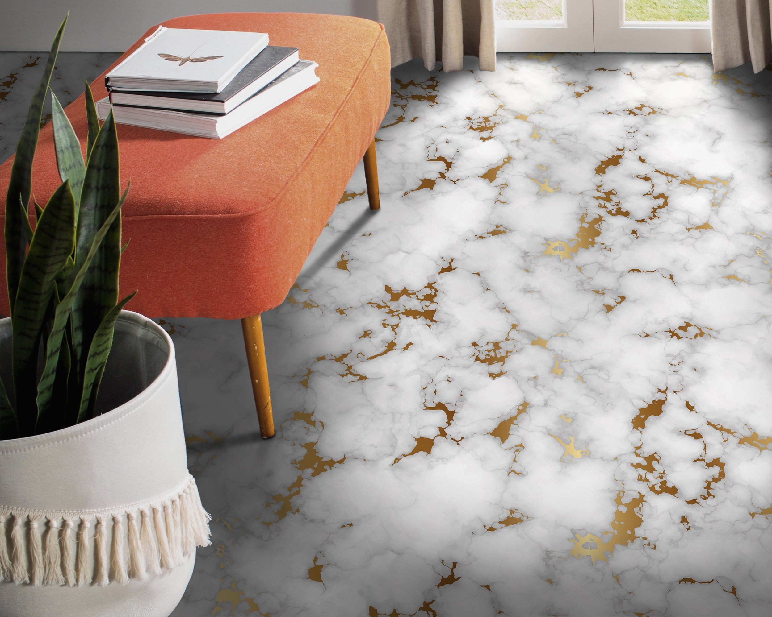 Artdeco Marble Gold Imitation Vinyl Flooring, White Retro Floor Cover ...