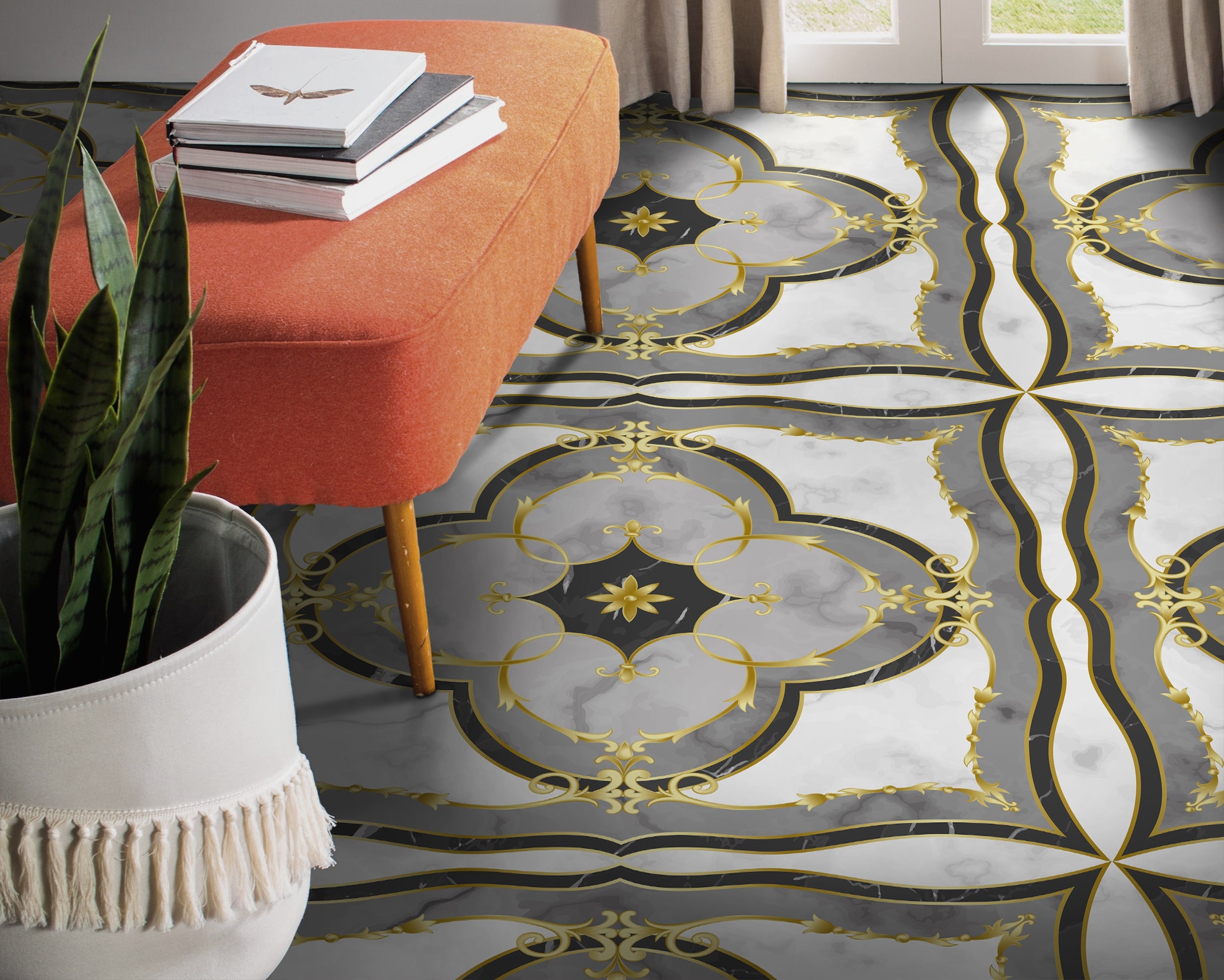 Artdeco Gold Imitation Marble Tile Vinyl Flooring, White Retro Floor ...