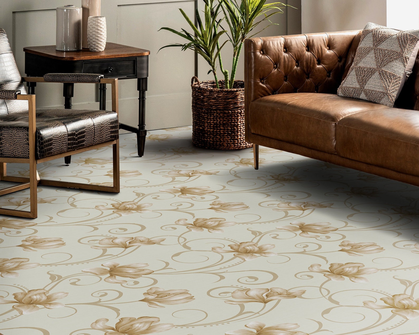 Elegant Garden Flowers Vinyl Flooring, Beige Retro Floor Art, Yellow ...