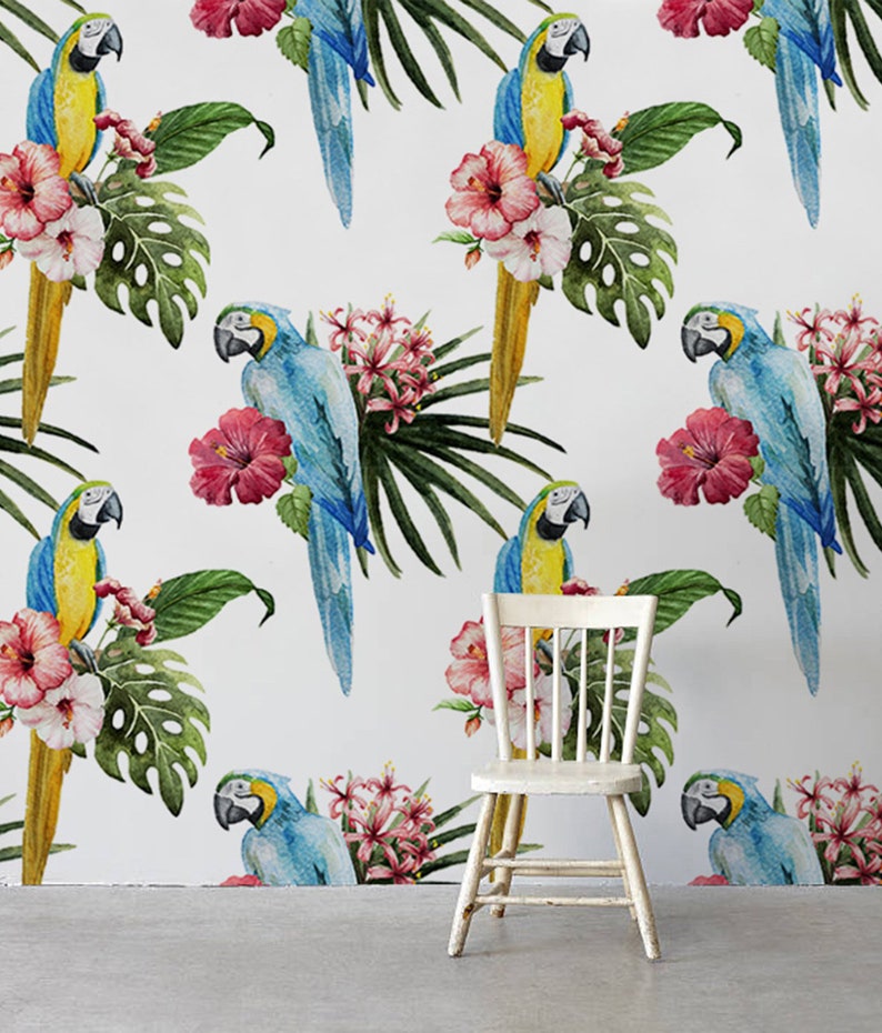 Tropical Watercolor Parrots & Flowers Removable Wallpaper ...