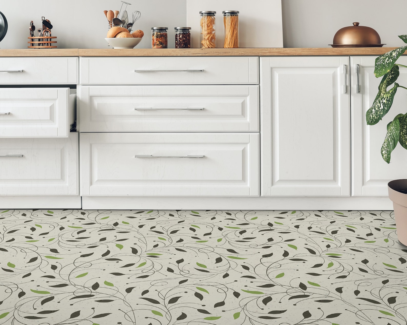 Winding Vegetative Leafy Motif Vinyl Flooring, Beige Abstract Decor ...