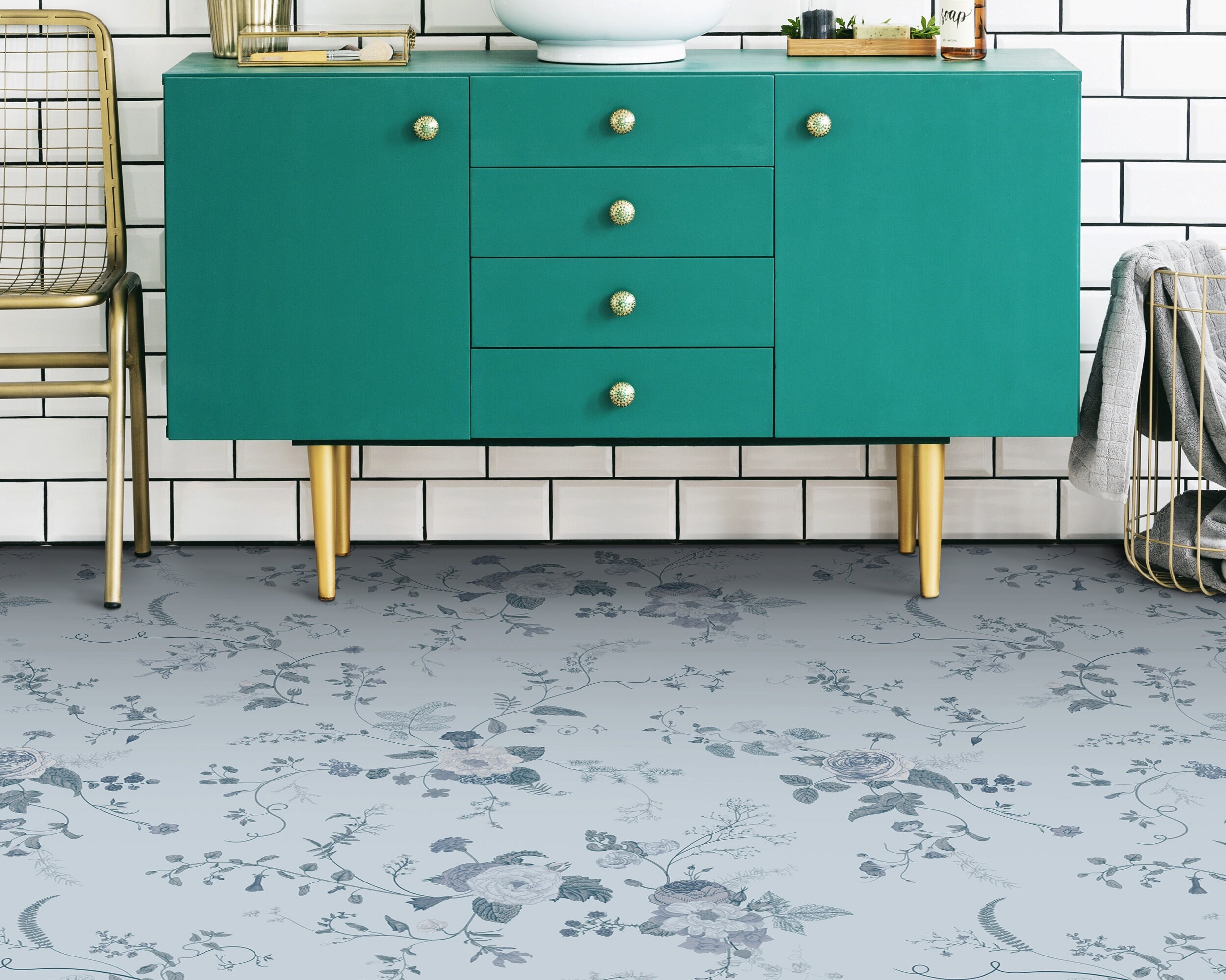 Retro Watery Pattern Flowers Vinyl Flooring, Blue Luxury Flooring, Gray ...