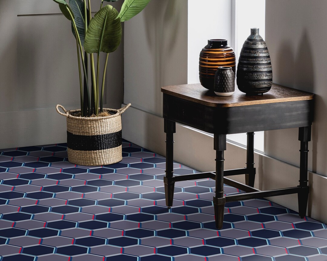Hexagon Bauhaus Abstract Vinyl Flooring, Blue Sheet Vinyl Flooring ...